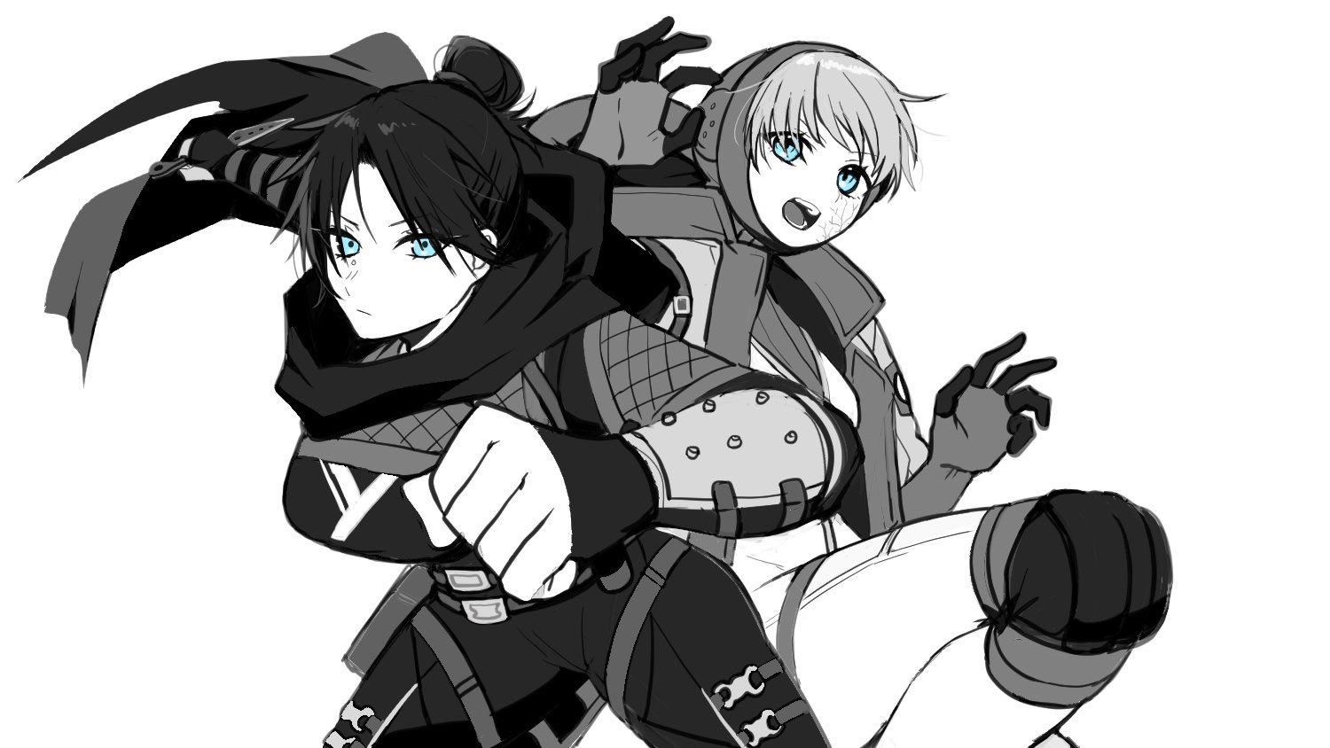 Safebooru - 2girls animification apex legends bangs blue eyes bodysuit breasts clenched hand ...