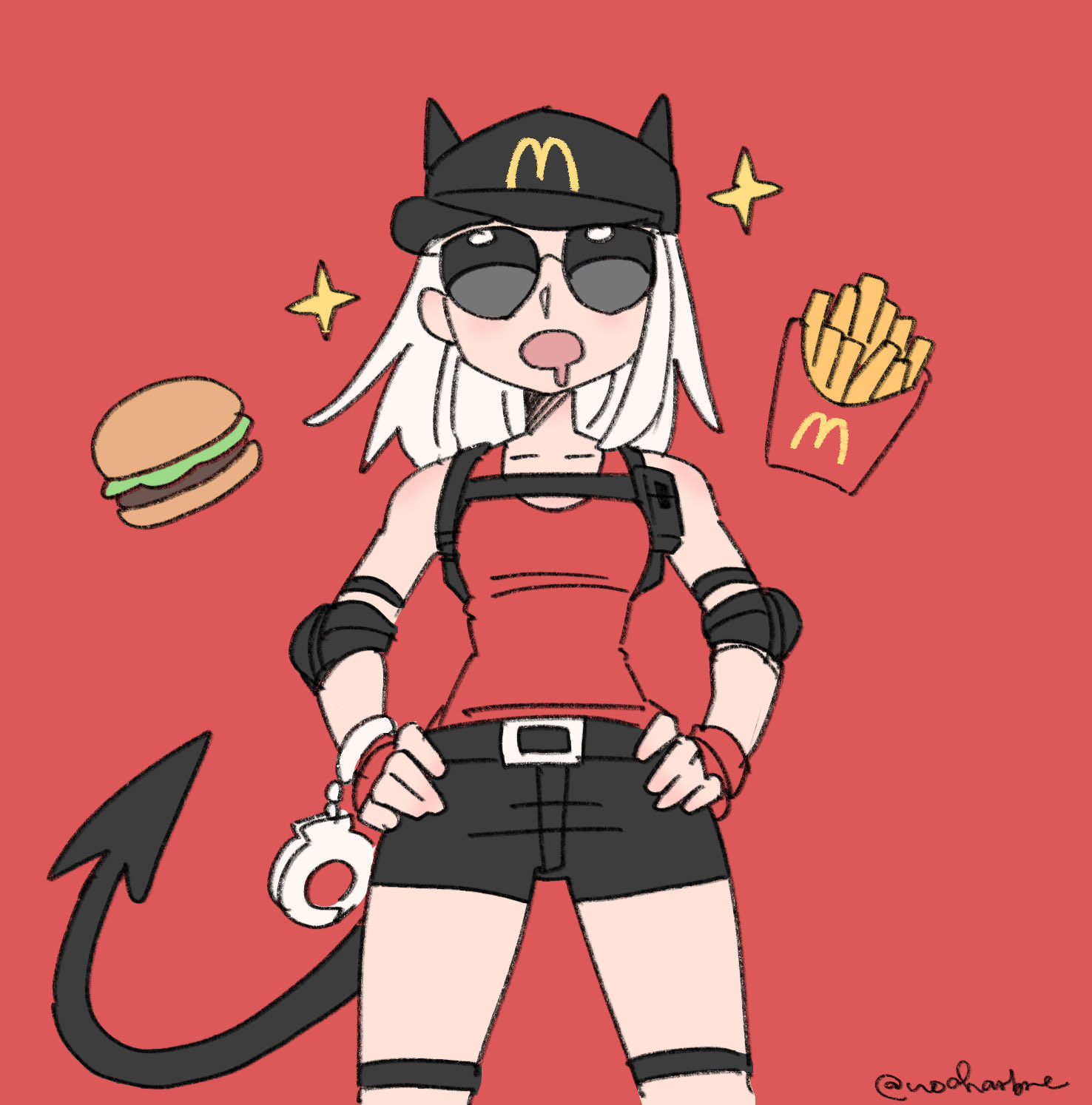 Safebooru - 1girl black horns black tail breasts burger commentary cuffs demon girl demon horns ...