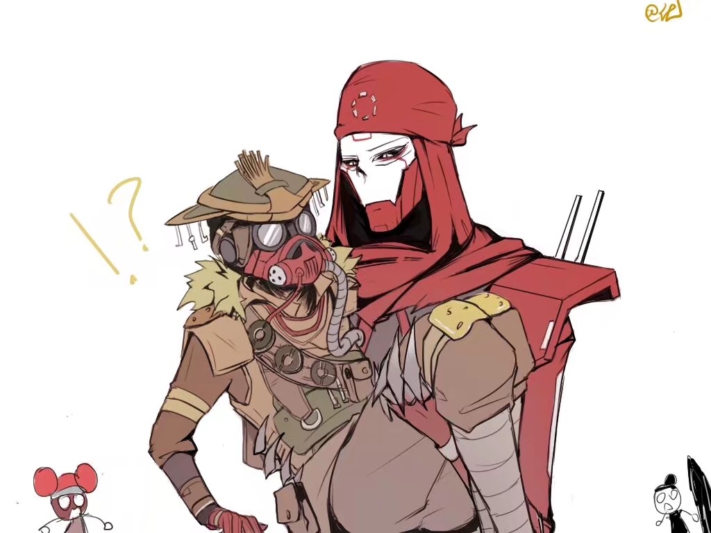 Safebooru - !? 1boy 1other 2girls ambiguous gender apex legends black sclera bloodhound (apex ...