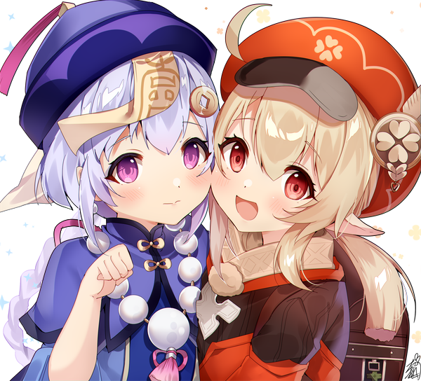 Safebooru - 2girls :d ahoge backpack bag bangs blue dress braid cabbie ...