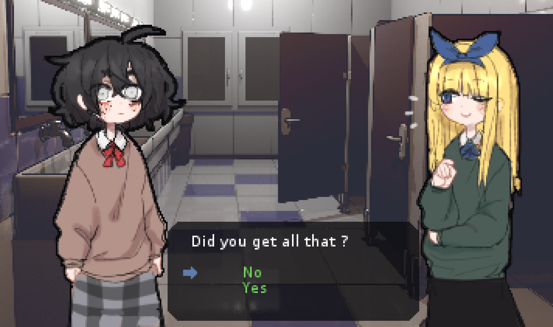 Safebooru - 2girls ahoge bathroom black hair black skirt blind girl (popopoka) blue bow blue ...