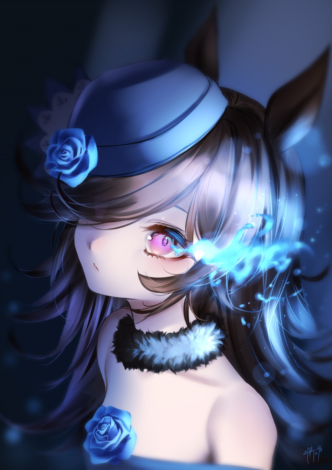 Safebooru - 1girl animal ears bangs bare shoulders blue dress blue flower blue headwear blue ...