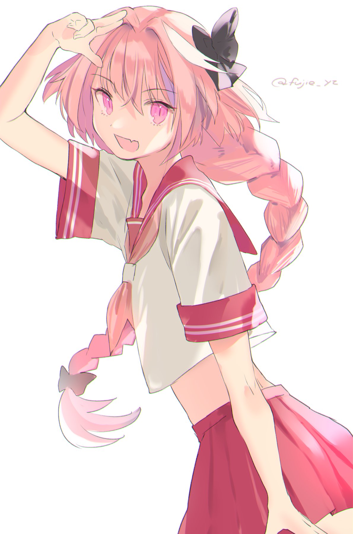 Safebooru - 1boy arm up astolfo (fate) bangs black bow bow braid crop top crossdressing eyebrows ...