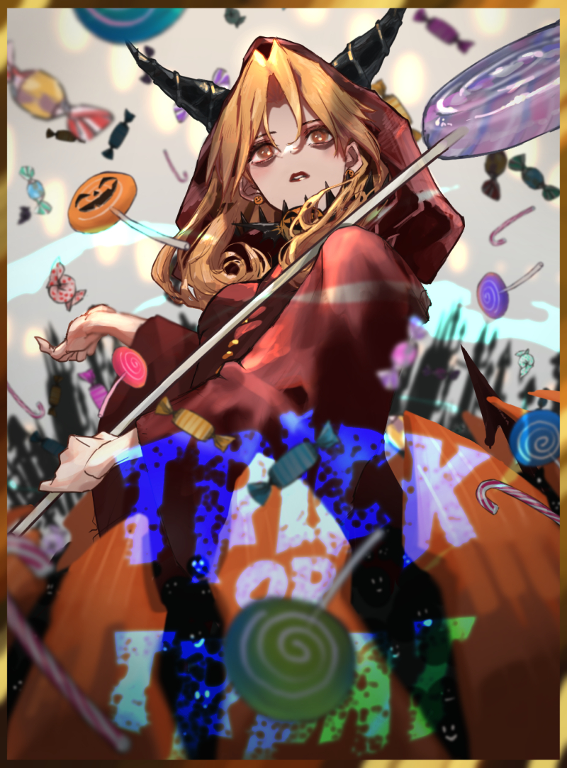 Safebooru - 1girl blonde hair border brown eyes candy dress earrings ...