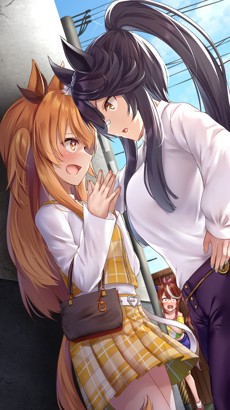 Safebooru - 3girls animal ears bandaid bandaid on nose black hair brown hair caught dutch angle ...