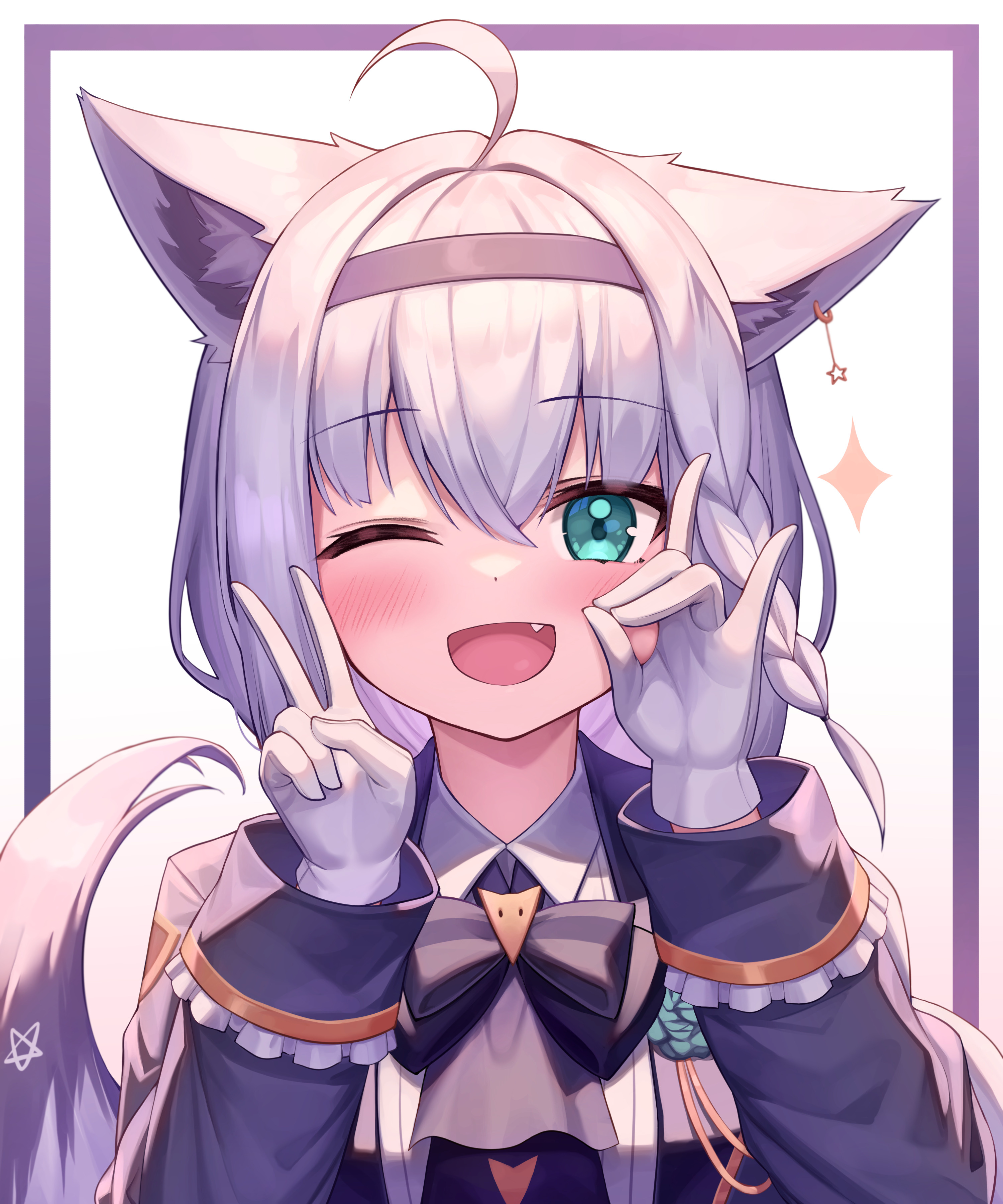 Safebooru - 1girl ;d absurdres ahoge animal ear fluff animal ears aqua eyes bangs black bow ...