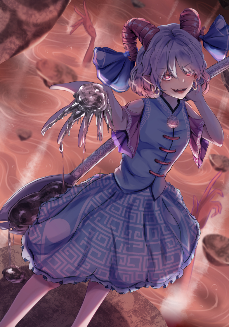 Safebooru - 1girl arm up bare shoulders blood blue ribbon blue skirt bubble curly hair detached ...