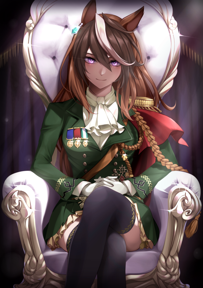 Safebooru - 1girl aiguillette animal ears ascot black legwear brown hair capelet crossed legs ...