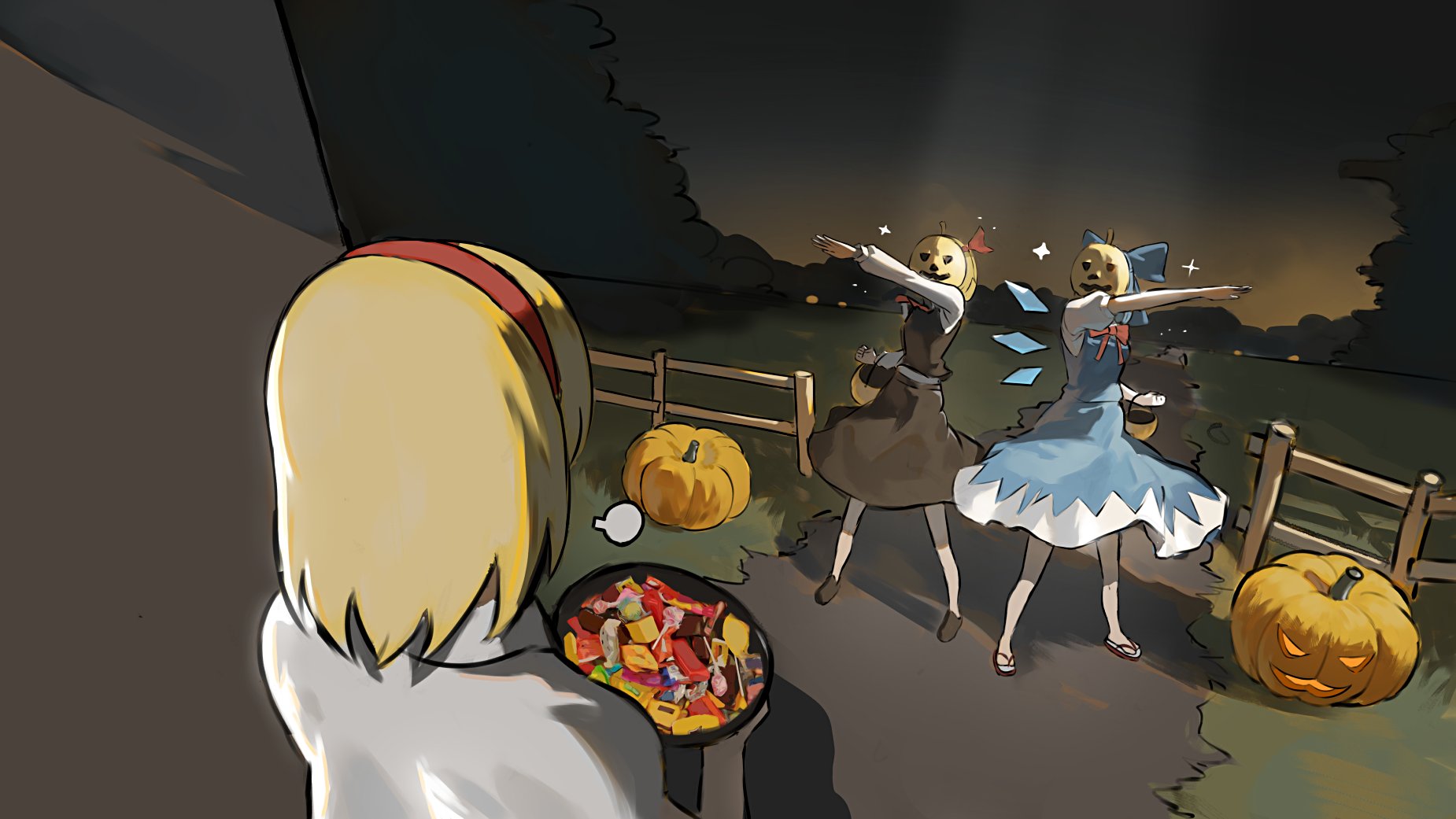 Safebooru - 3girls alice margatroid ascot bangs black footwear blonde hair blue dress blue hair ...