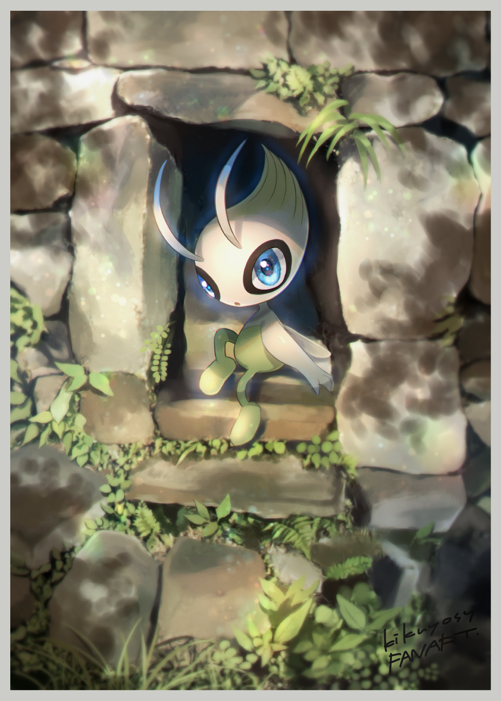 Safebooru - arm support blue eyes border celebi commentary request day ...