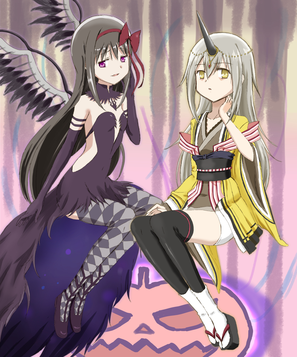 Safebooru - 2girls akemi homura akuma homura black hair demon girl grey hair hair ornament ...