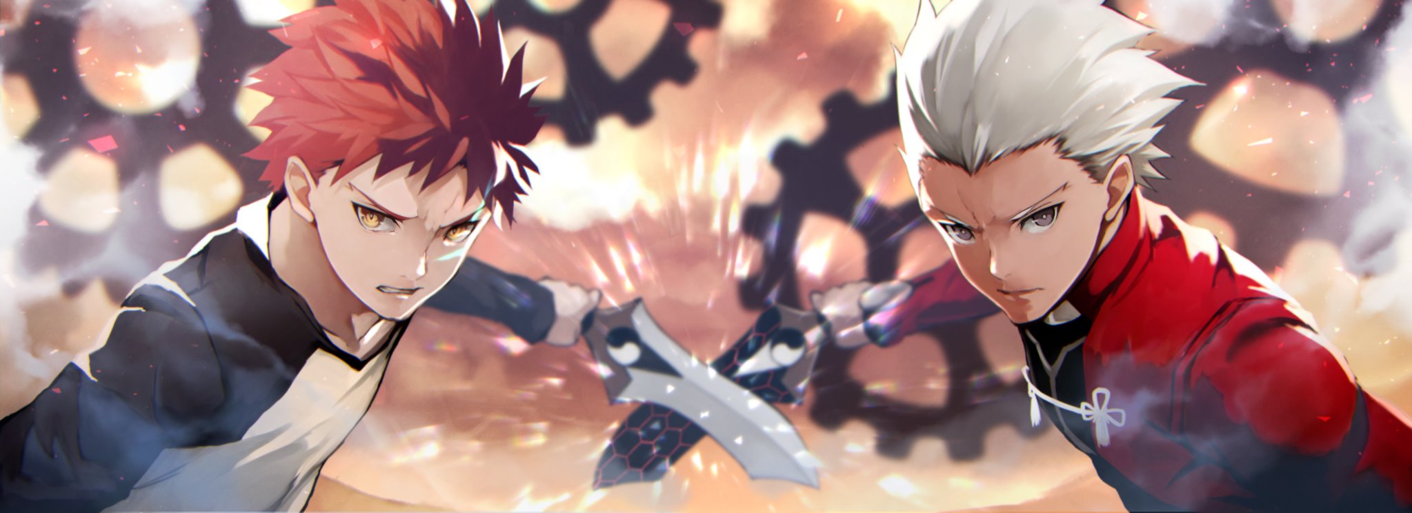 Safebooru - 2boys archer (fate) bangs black shirt blue shirt brown ...