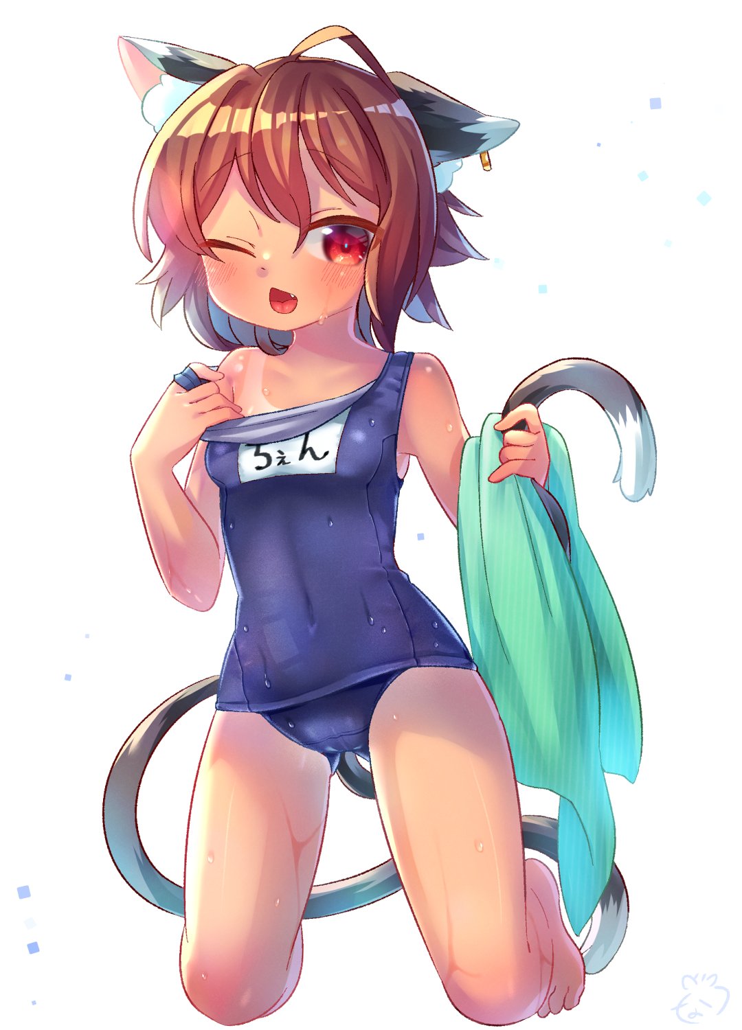 Safebooru - 1girl ;d ahoge alternate costume animal ear fluff animal ears arm up artist logo ...