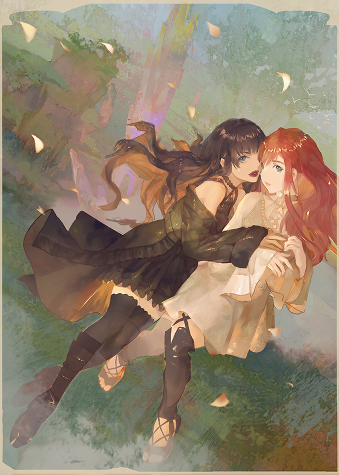 Safebooru - 2girls bangs bare shoulders black dress black hair black ...