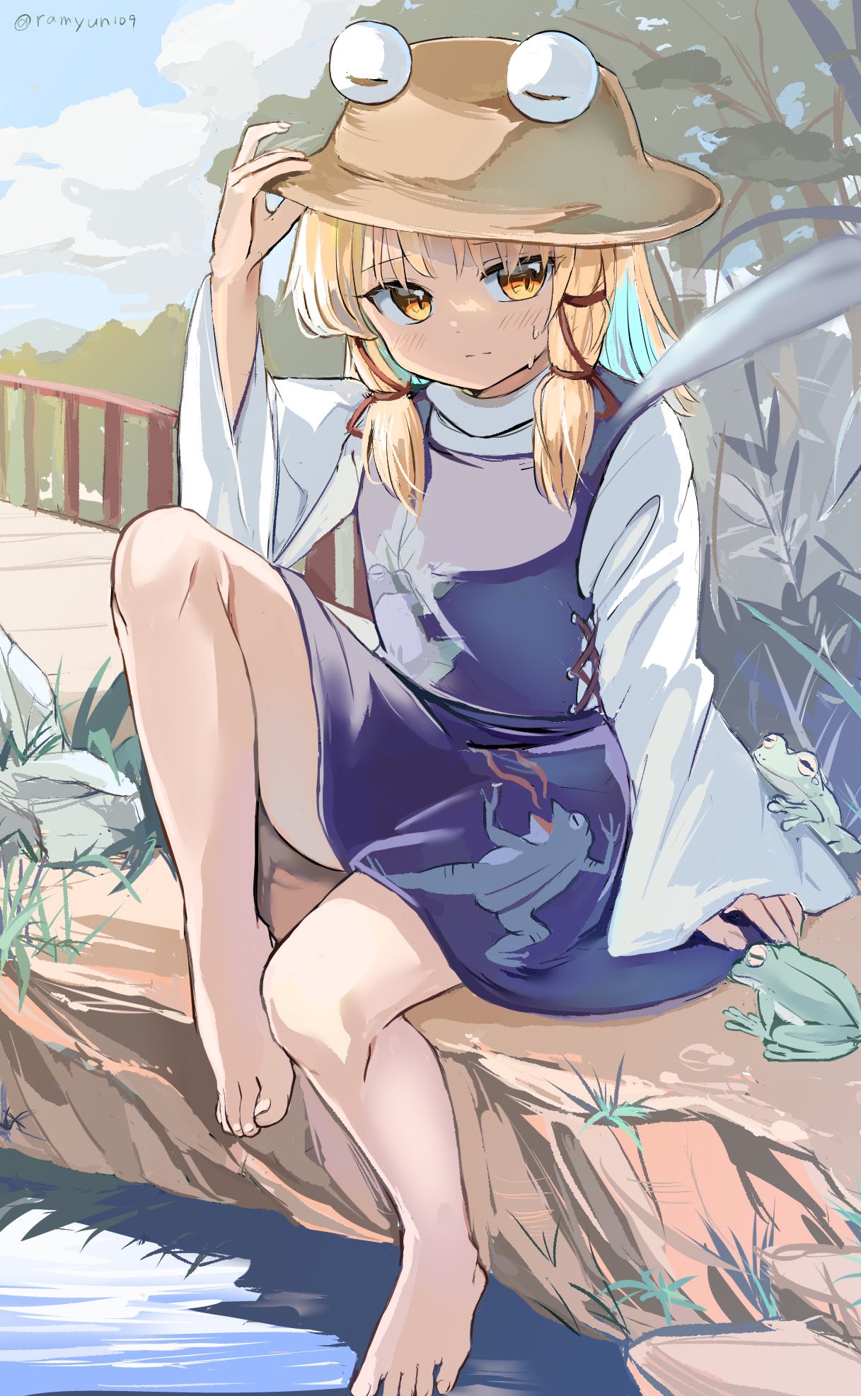 Safebooru - 1girl animal print bangs barefoot blonde hair blue skirt blue sky blue vest brown ...
