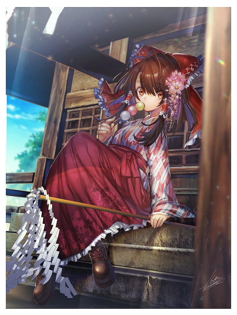 Safebooru - 1girl bangs brown eyes brown hair closed mouth dango eating ...