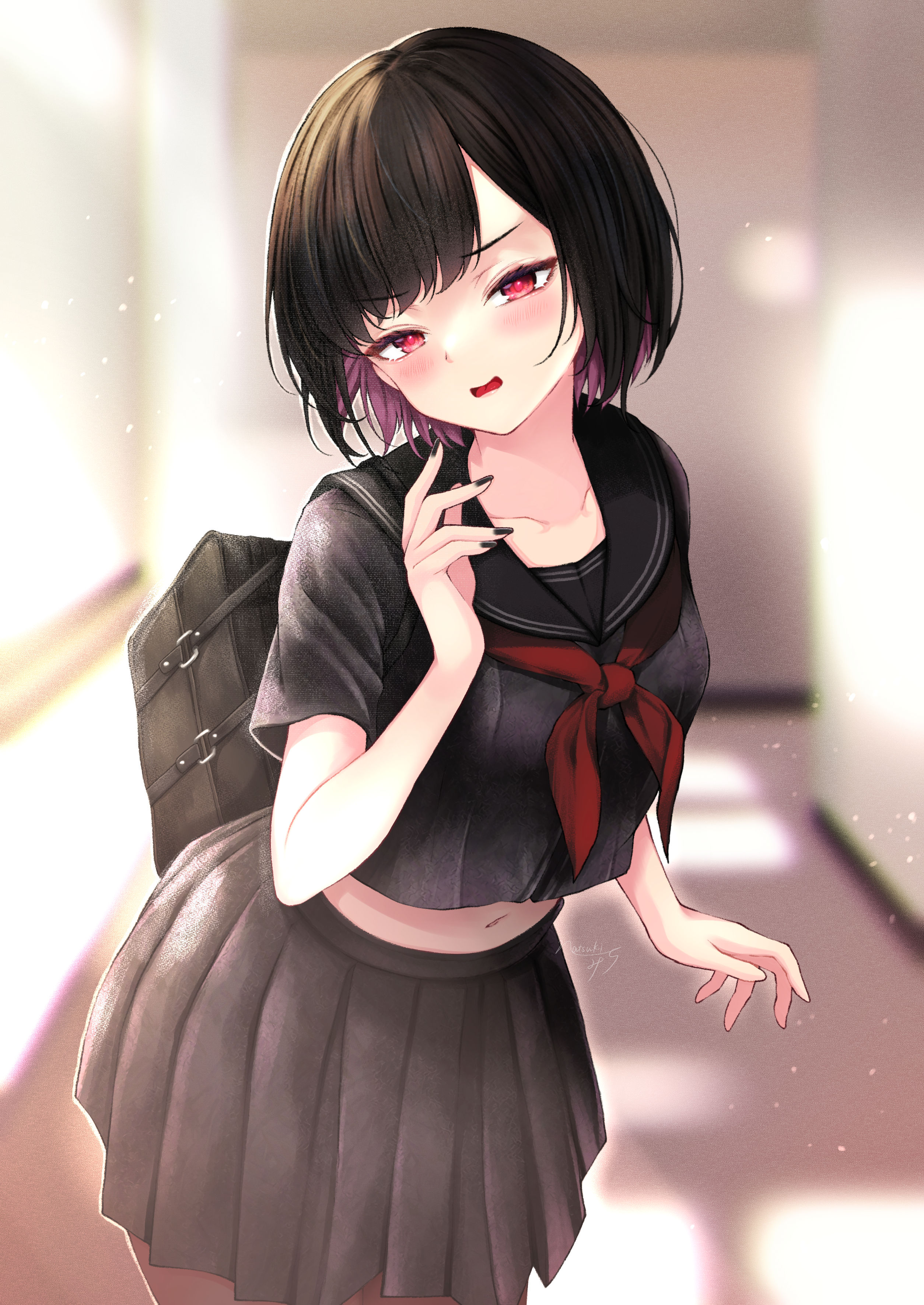 Safebooru - 1girl absurdres artist name bag bangs black bag black hair black legwear black nails ...