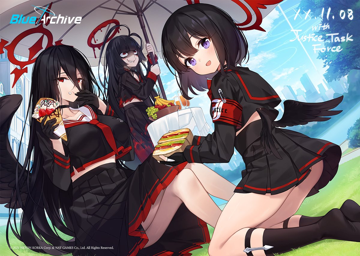 Safebooru - 3girls apple armband banana bangs black hair black legwear black serafuku black ...