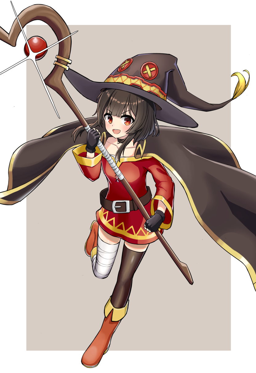 Safebooru - 1girl :d bandaged leg bandages belt black gloves black hair black legwear boots cape ...