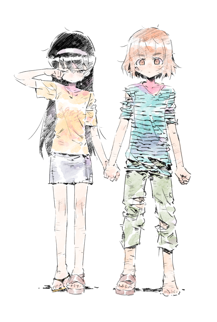 Safebooru - 2girls :/ ;/ alternate hair length alternate hairstyle arm at side arm up arms at ...