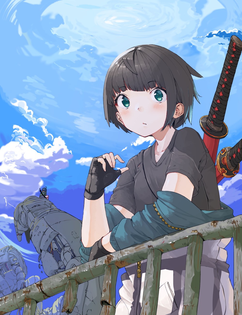 Safebooru - 1girl 1other against railing black gloves black hair blue ...