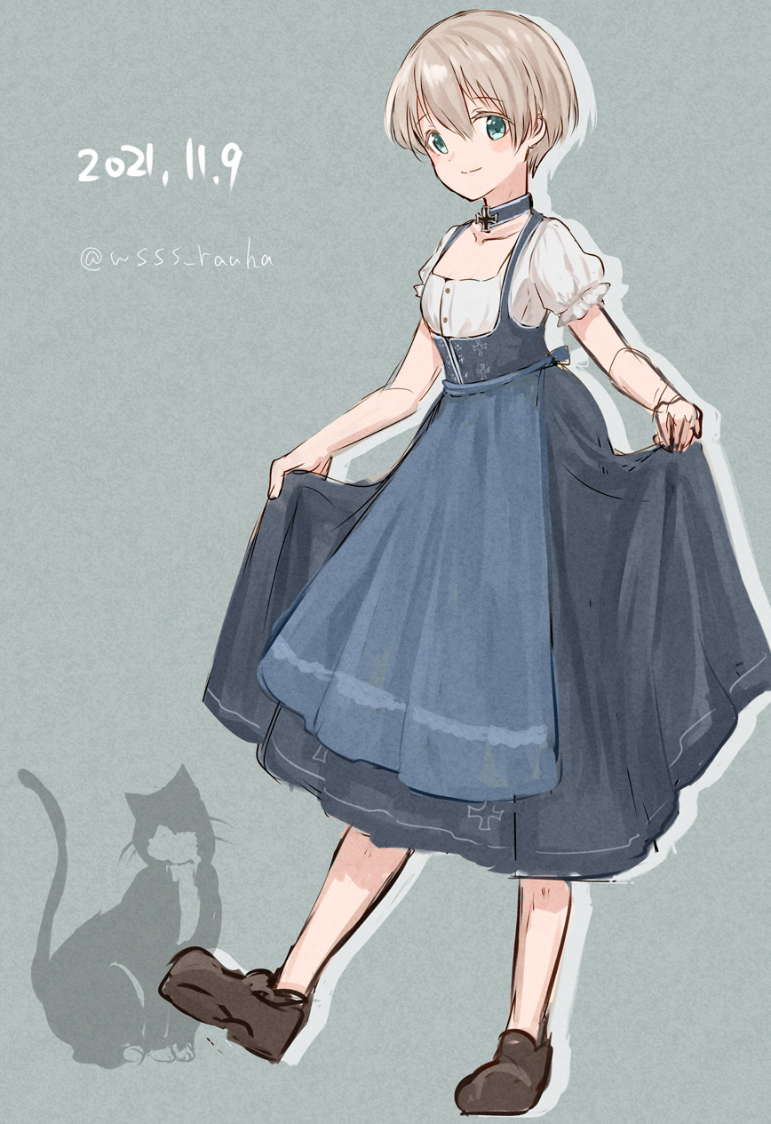 Safebooru - 1girl apron blouse blue eyes cat dated dirndl dress full ...