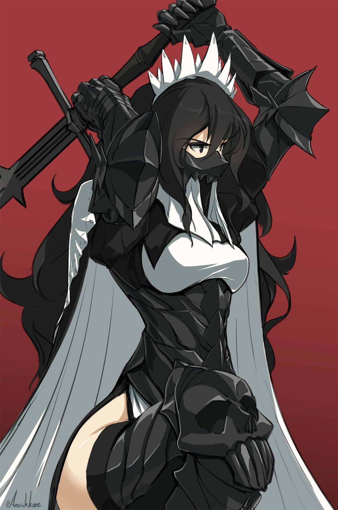 Safebooru - 1girl artist name asterisk kome black hair cape fighting stance gauntlets highres ...