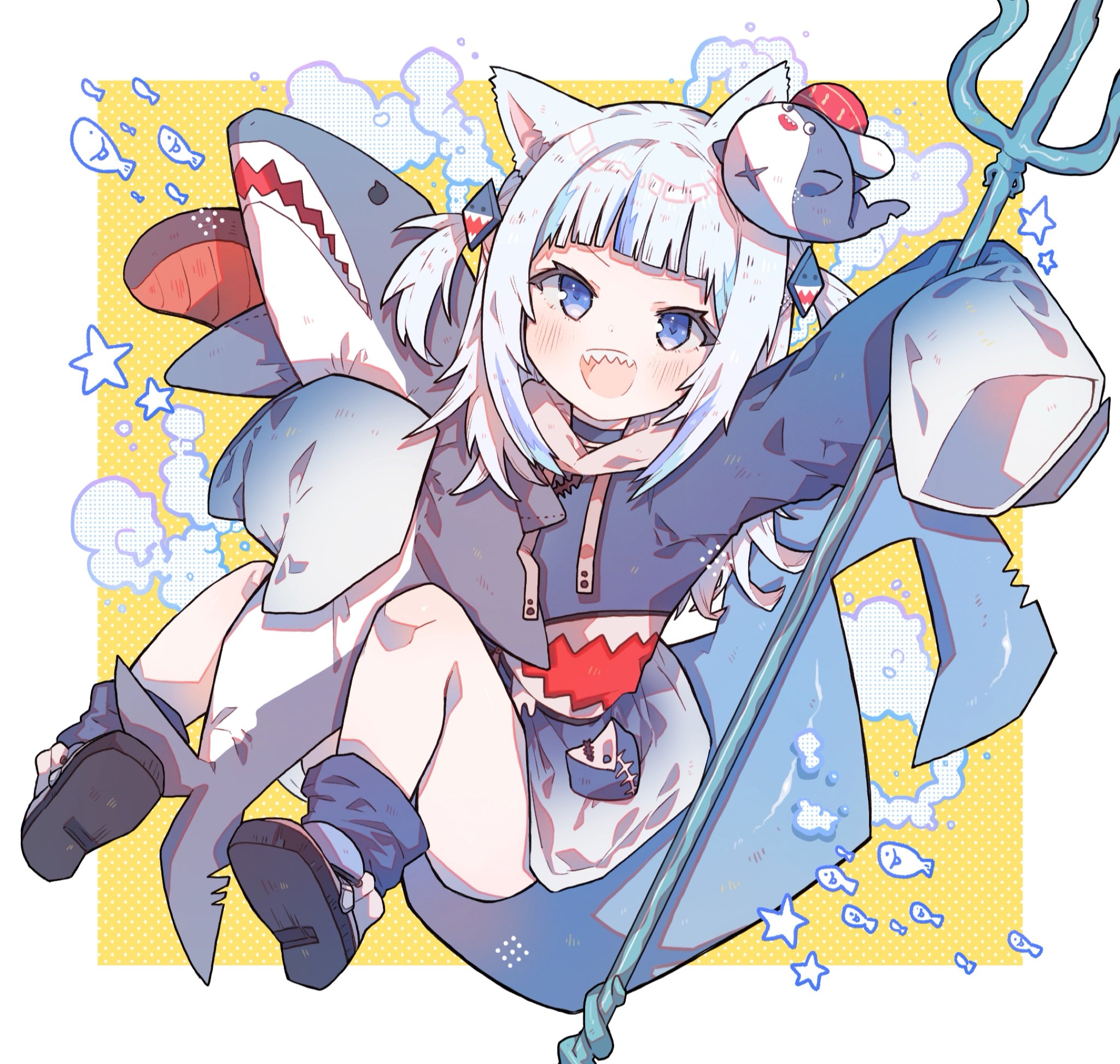 Safebooru - 1girl animal ears bangs bloop (gawr gura) blue eyes blue footwear blue hoodie blue ...