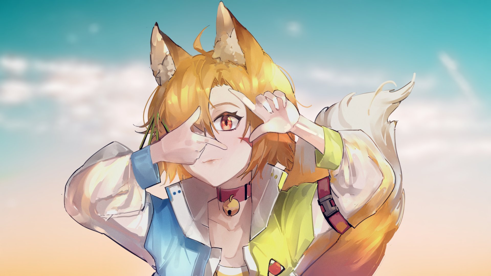 Safebooru - 1girl animal ears bangs bell blonde hair blue jacket cat ...