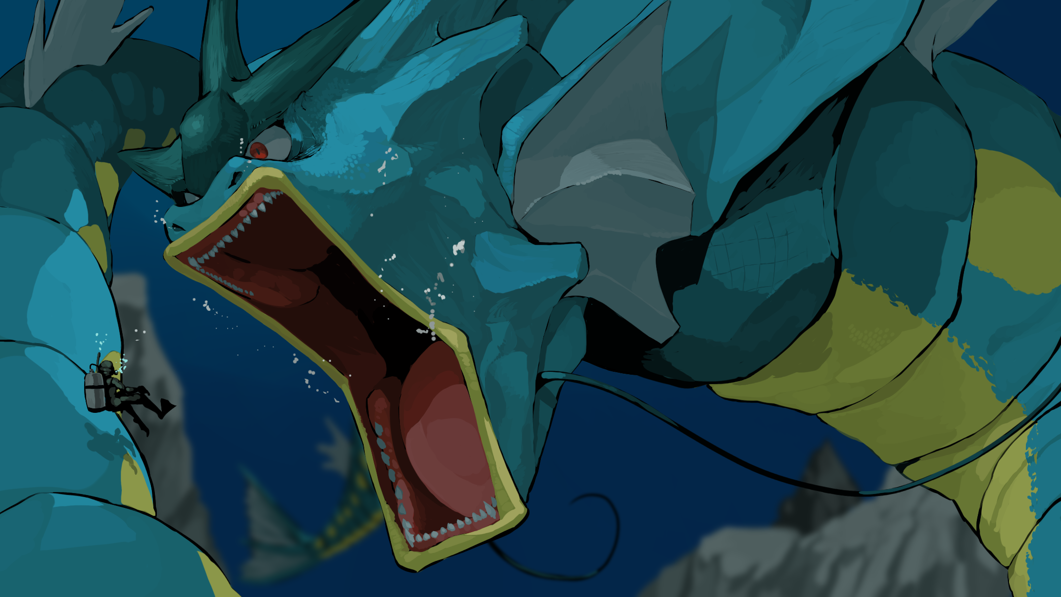 Safebooru - 1other diving giant gyarados highres open mouth oxygen tank ...