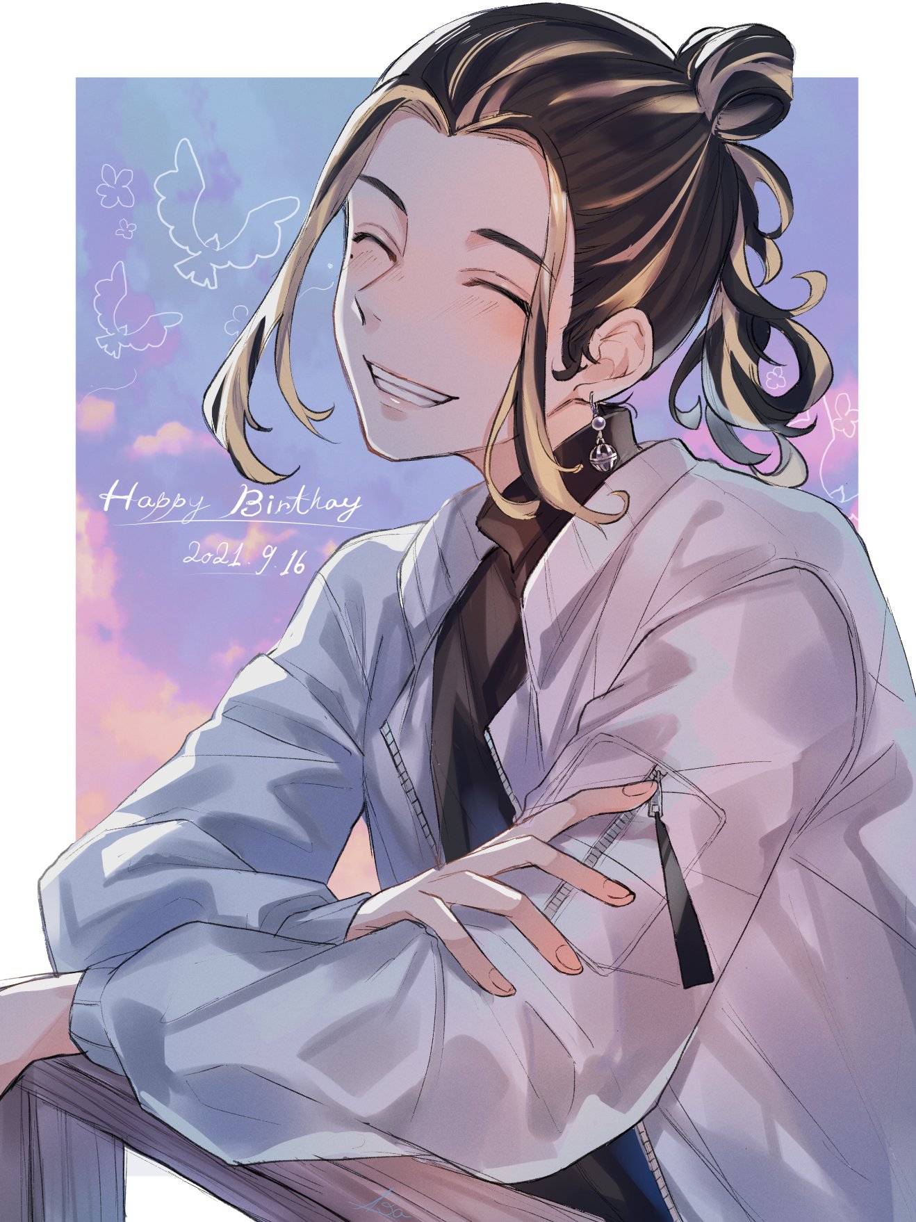 Safebooru - 1boy ^ ^ bell black hair black shirt blonde hair bo 1125 closed eyes dated earrings ...