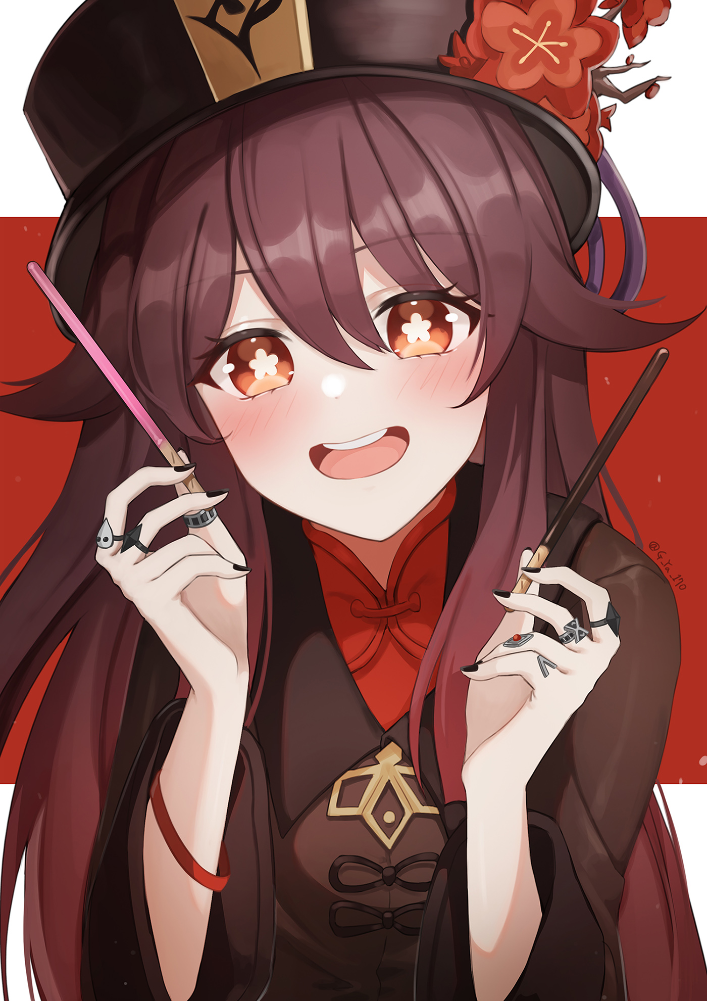 Safebooru - 1girl bangs black headwear black nails blush brown hair commentary eyebrows visible ...