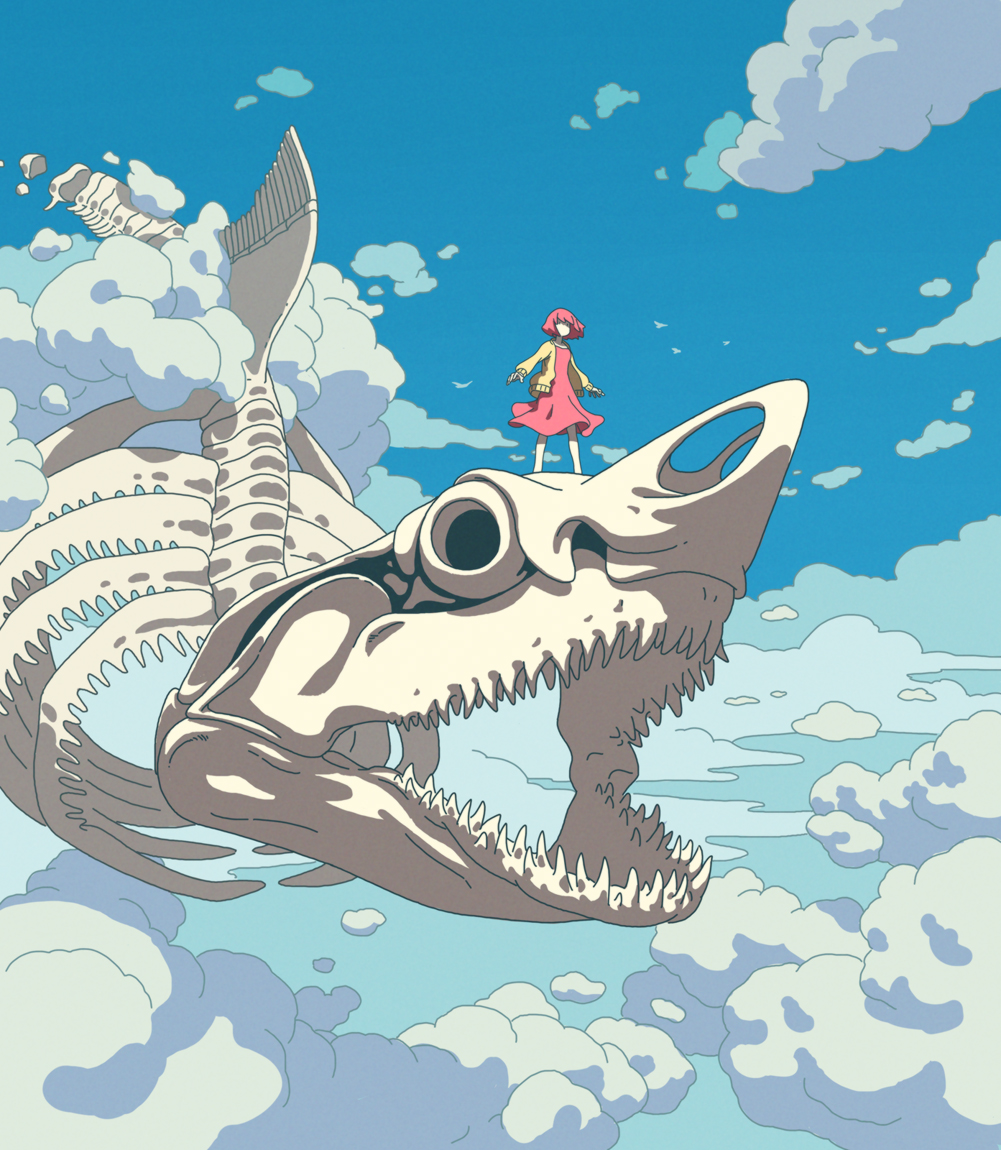 Safebooru - 1girl blue sky bone clouds cloudy sky creature dress ...