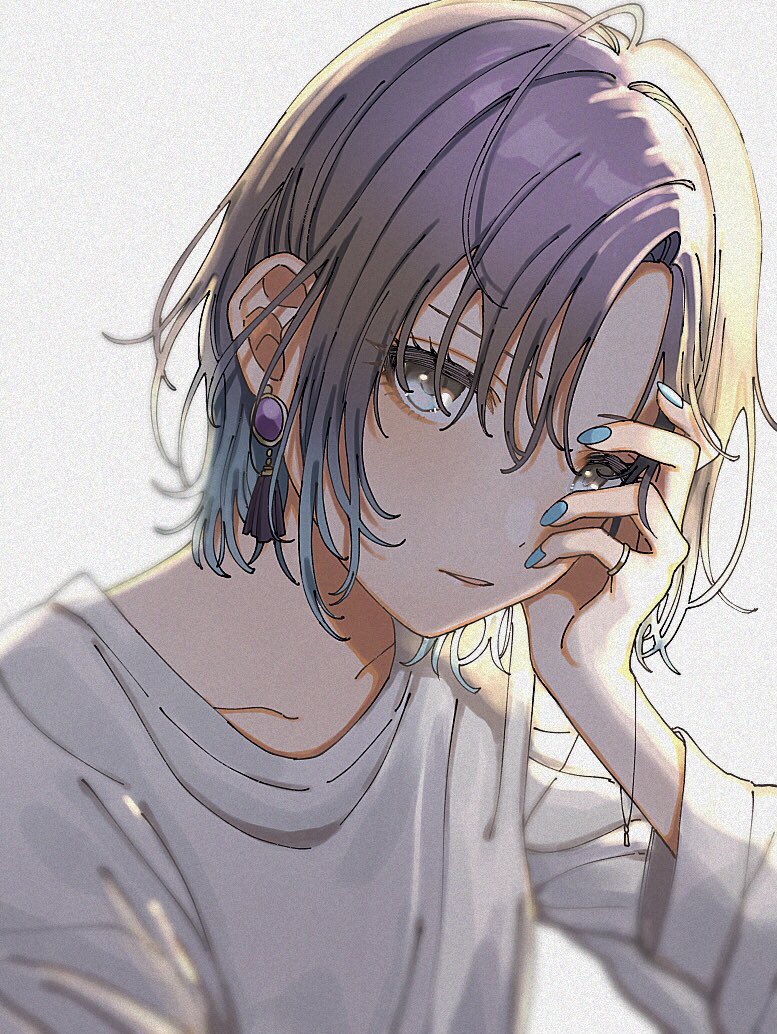 Safebooru - 1girl asakura tooru bangs blue hair blue nails bracelet earrings gradient hair grey ...