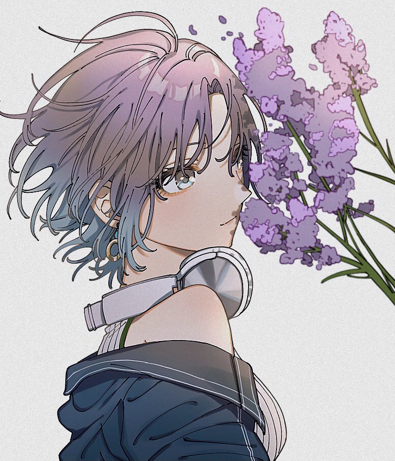 Safebooru - 1girl asakura tooru bangs blue hair blue jacket earrings flower flower request from ...