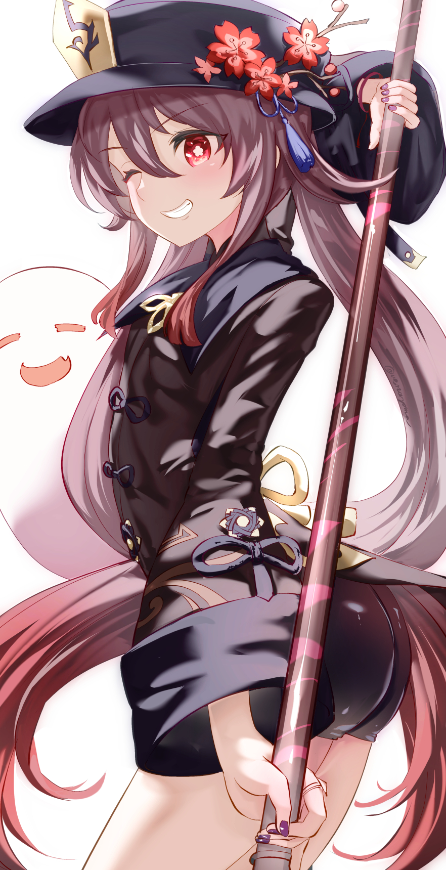 Safebooru - 1girl ass bangs black coat black headwear blush breasts brown hair coat coattails ...