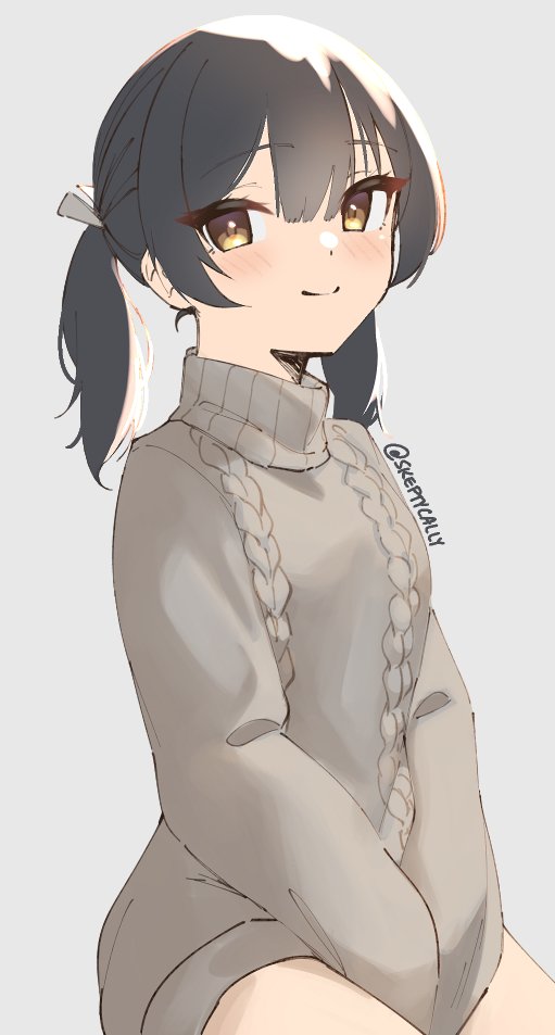 Safebooru 1girl Aran Sweater Artist Name Black Hair Blush Closed 7145