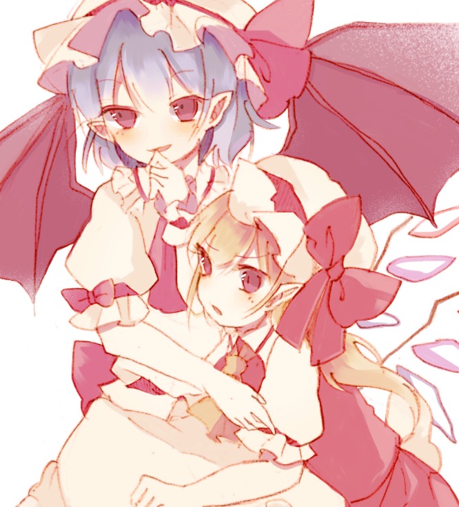 Safebooru - 2girls ascot back bow bangs bat wings blonde hair blue hair blush bow crystal ...