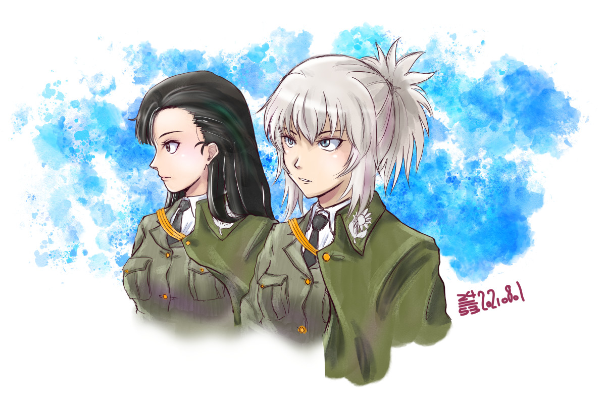 Safebooru - 2girls alternate costume asymmetrical bangs bangs black hair blue eyes bonple ...