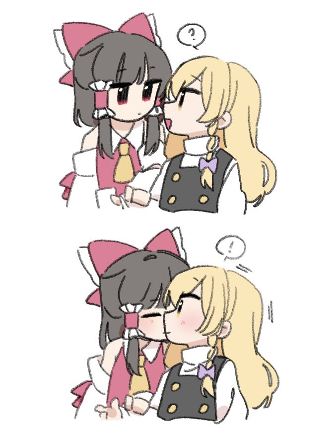 Safebooru - ! 2girls ? arm grab ascot bangs black hair black vest blonde hair bow braid cropped ...