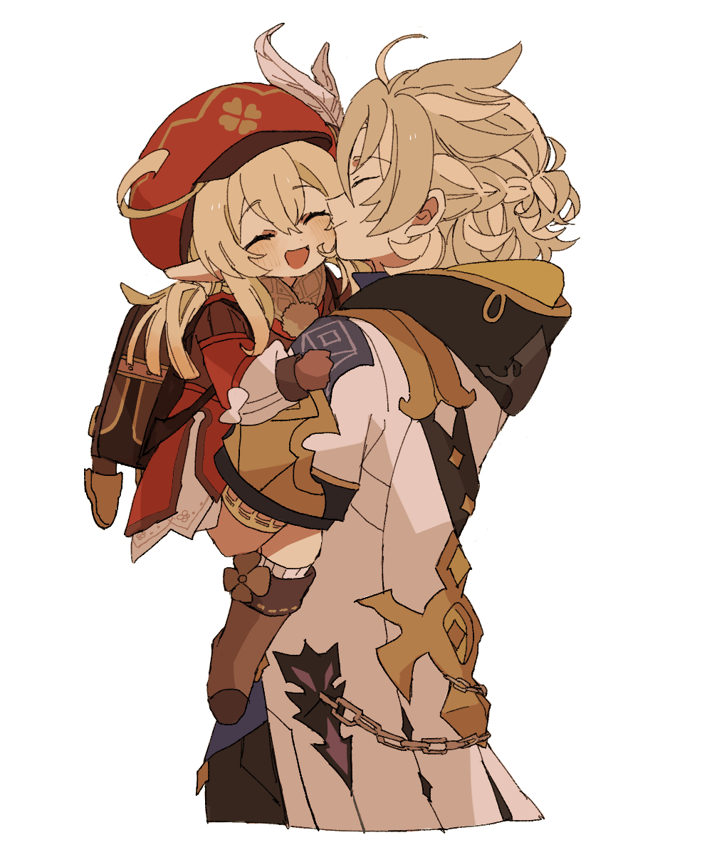 Safebooru - 1boy 1girl ahoge albedo (genshin impact) backpack bag bangs blonde hair blush boots ...