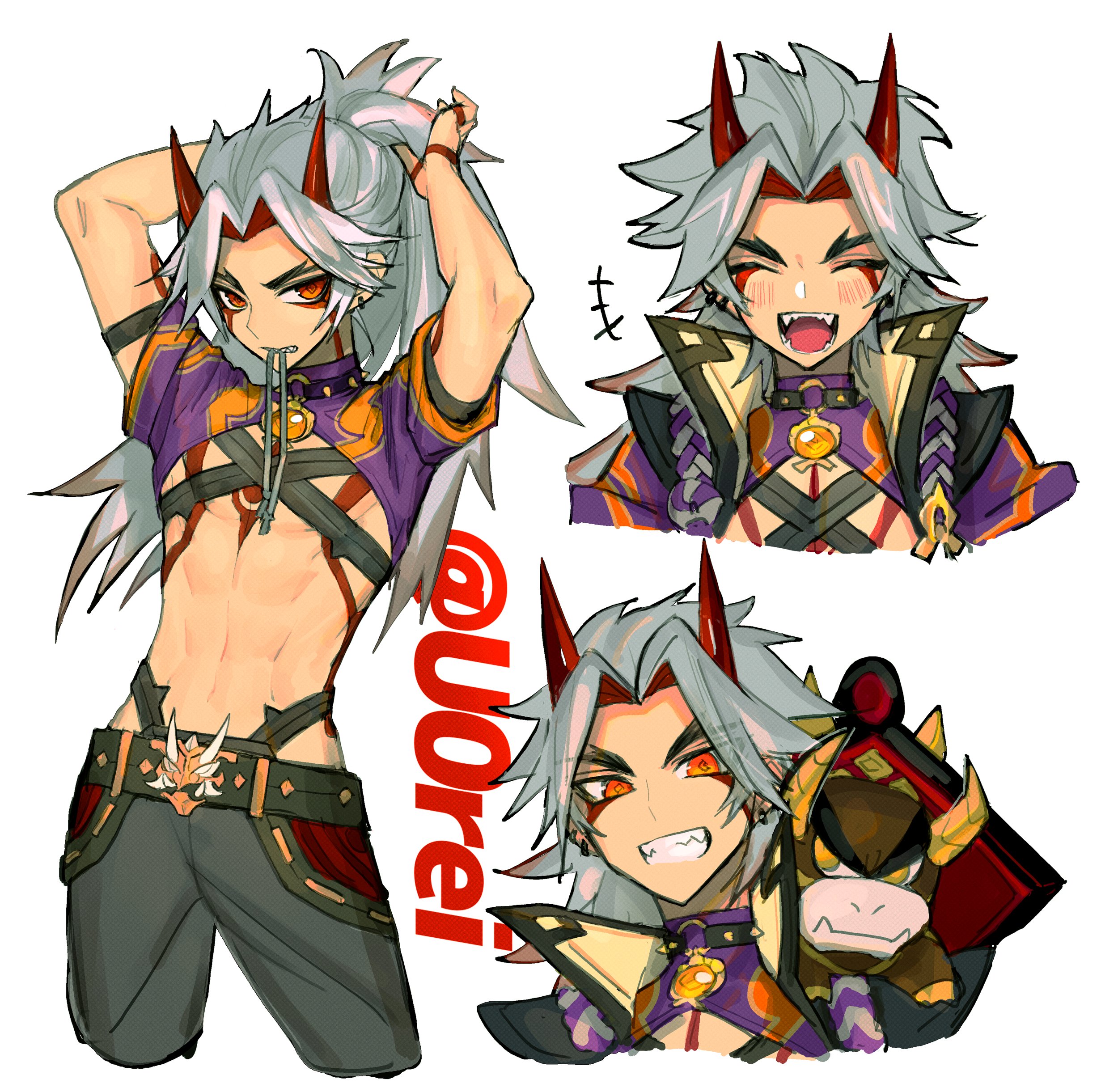 Safebooru - 1boy absurdres adjusting hair alternate hairstyle animal arataki itto arms up belt ...