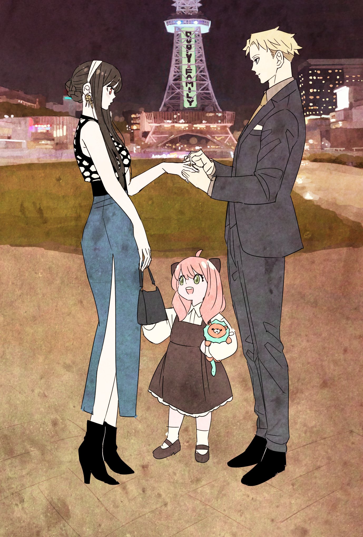 Safebooru - 1boy 2girls ahoge anya (spy x family) black dress black hair black suit blonde hair ...