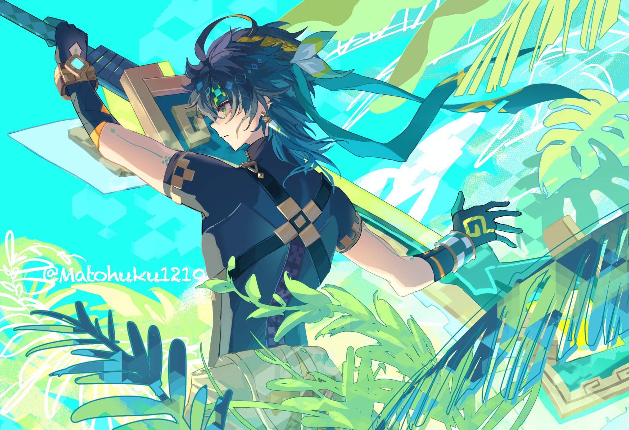 Safebooru - 1boy aqua gloves aqua headband aqua ribbon arm tattoo arm up artist name black ...