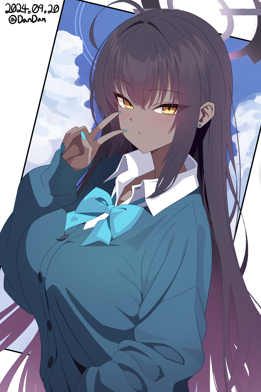 Safebooru - 1girl ahoge black hair blue archive blue bow blue bowtie blue cardigan blue nails ...