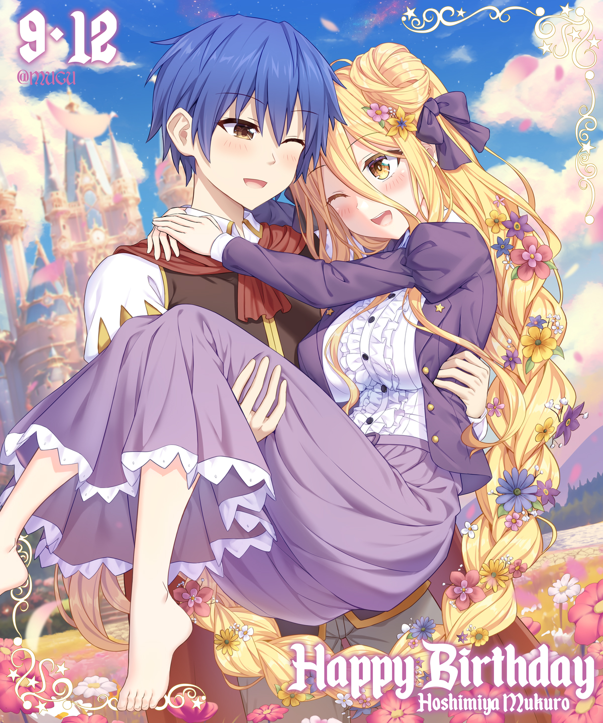 Safebooru - 1boy 1girl barefoot blonde hair blue hair blue sky blush braid breasts brown eyes ...