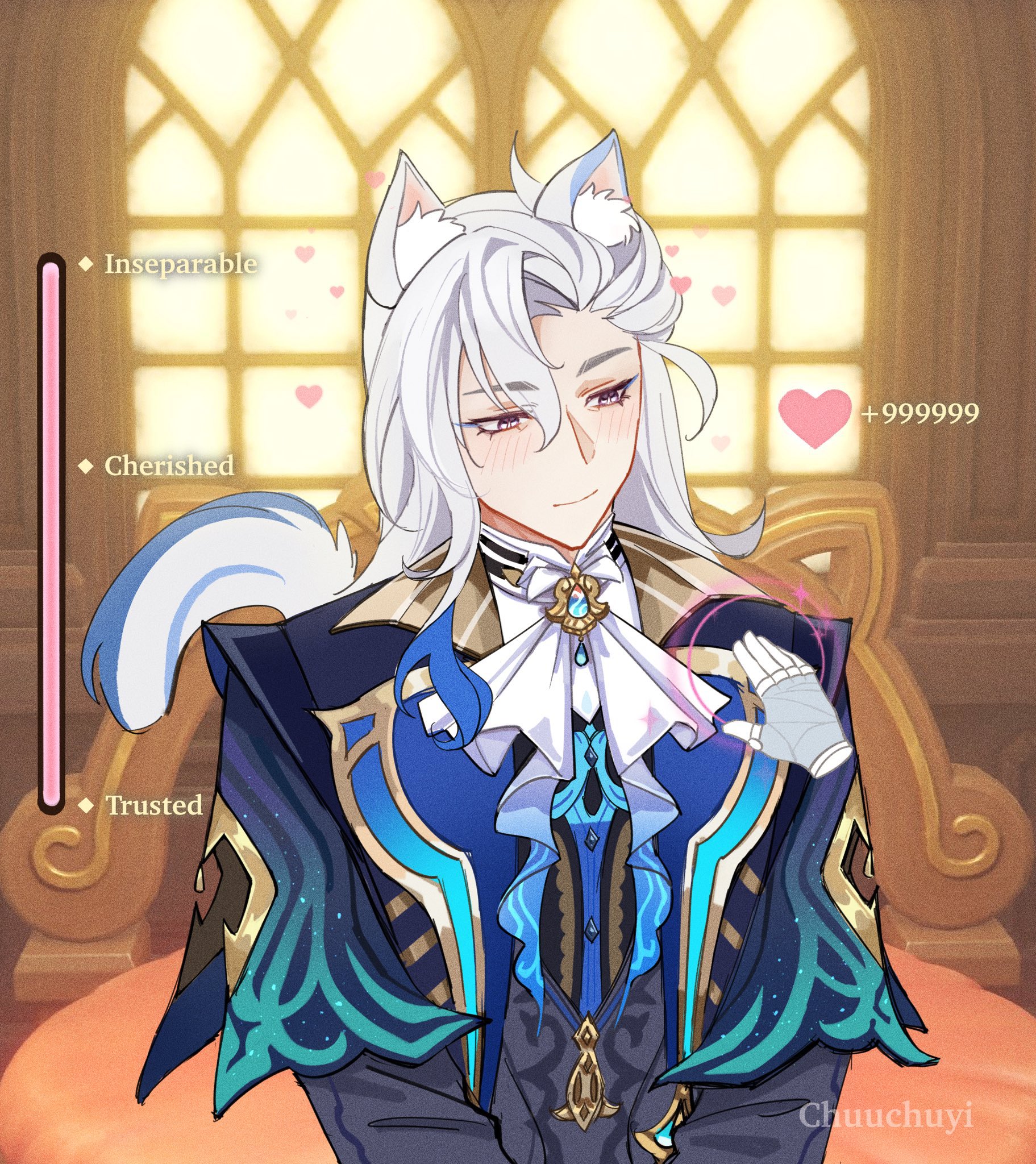 Safebooru - 1boy animal ear fluff animal ears armchair artist name ascot blue coat blue eyeliner ...