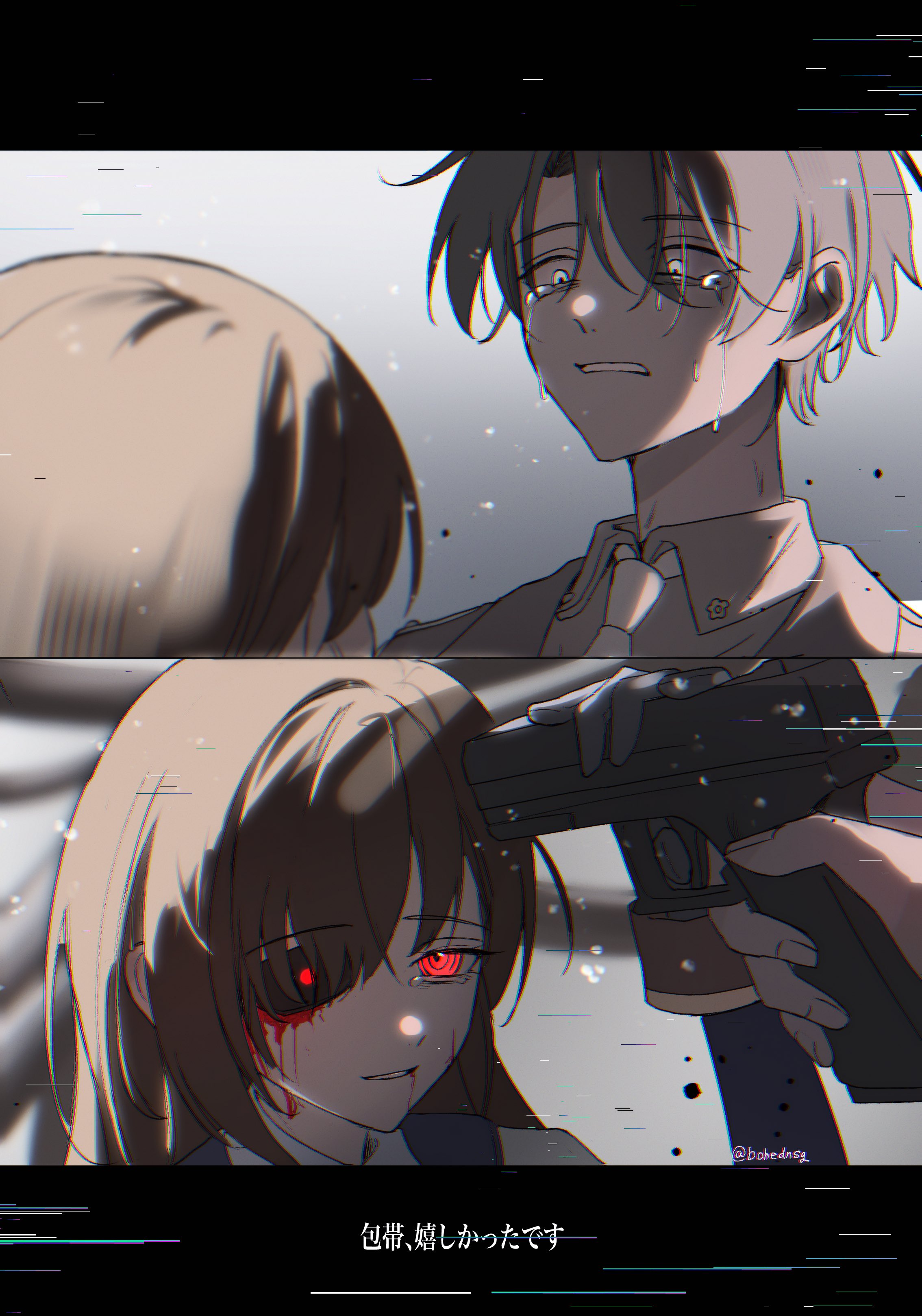 Safebooru - 1boy 1girl absurdres blood brown hair chikyuu (bohednsg ...