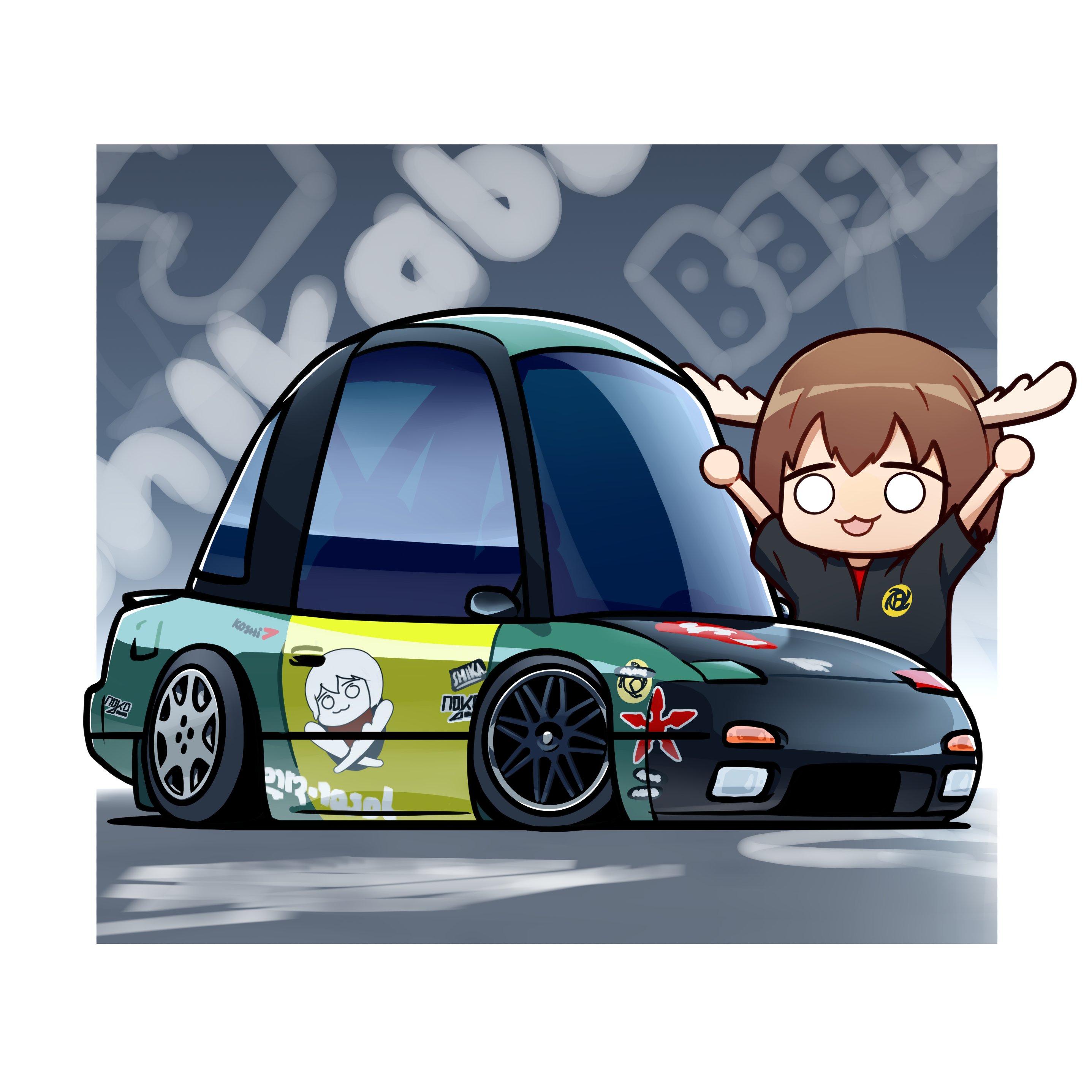 Safebooru - 1girl :3 absurdres black shirt car chibi collared shirt duz ...