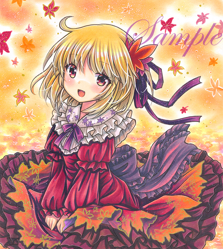 Safebooru - 1girl :d aki shizuha autumn leaves blonde hair cowlick eyebrows visible through hair ...